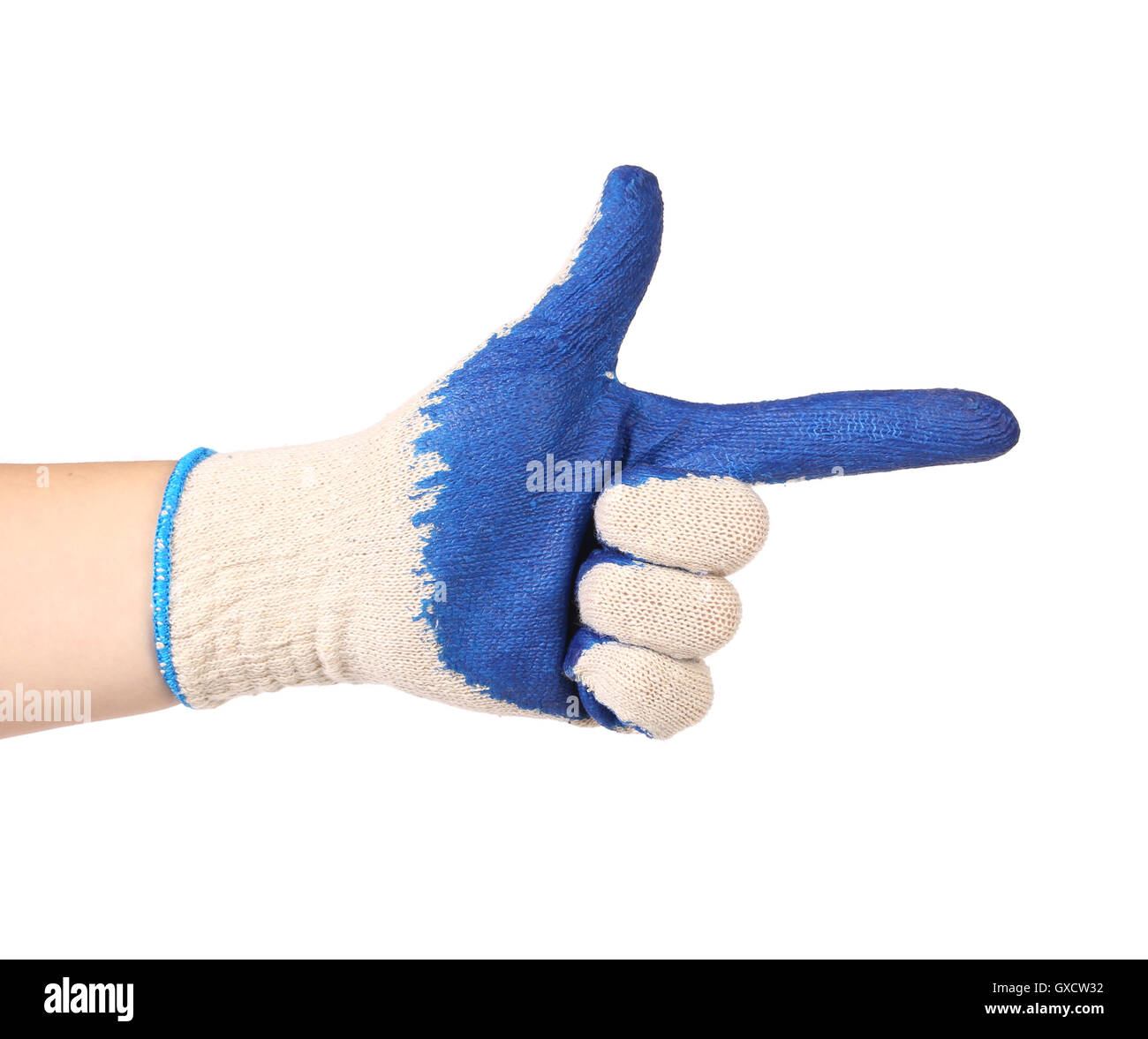 Blue rubber protective glove show sign like a gun Stock Photo - Alamy