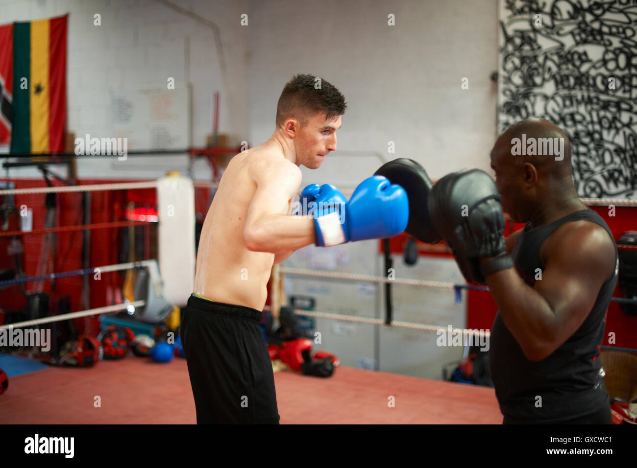 Boxer working out with coach in boxing ring Stock Photo - Alamy