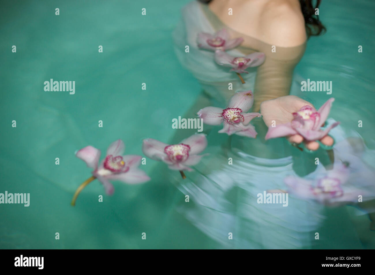 Cropped shot of young woman in spa swimming pool with floating purple ...