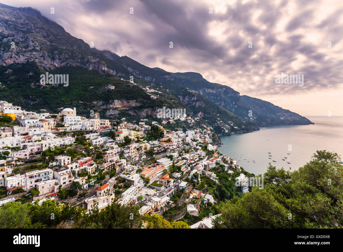 Cliff side buildings by sea, Positano, Amalfi Coast, Italy Stock Photo ...