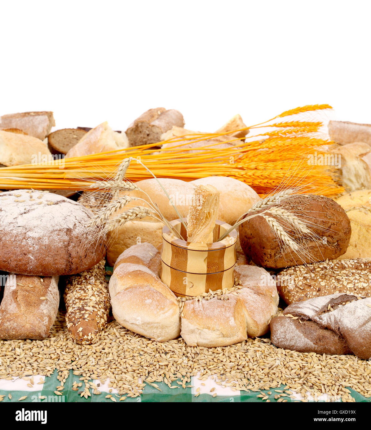 Composition of bread and golden ears Stock Photo - Alamy