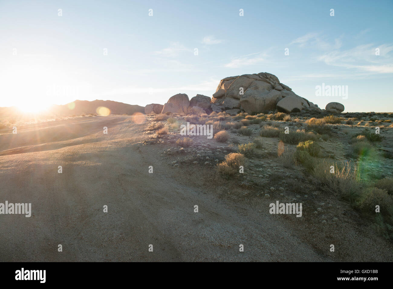 Sunset and rock formation, Mojave Desert, California, USA Stock Photo ...