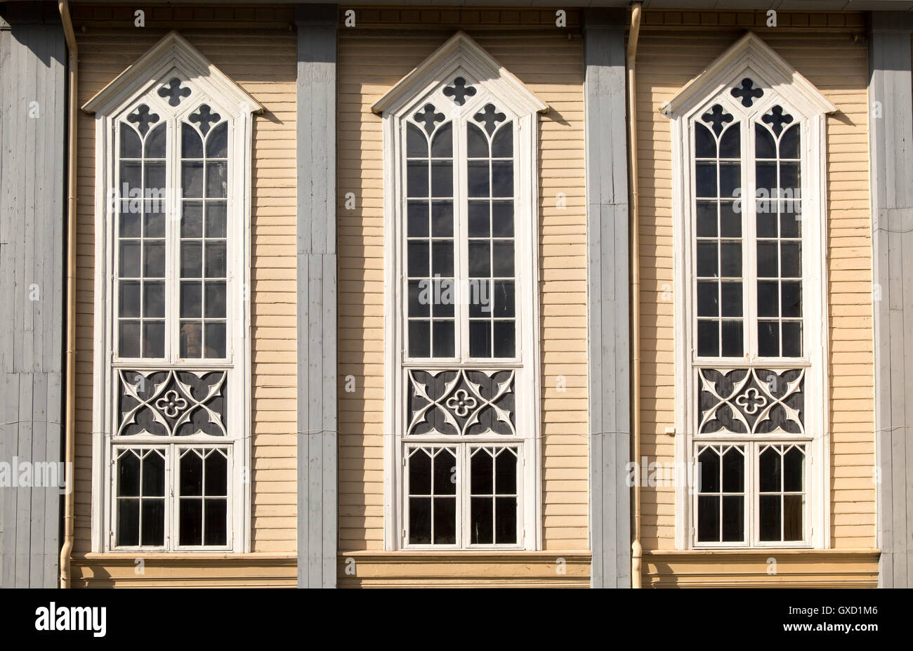 Detail of wood windows, historic wooden cathedral church in city centre ...