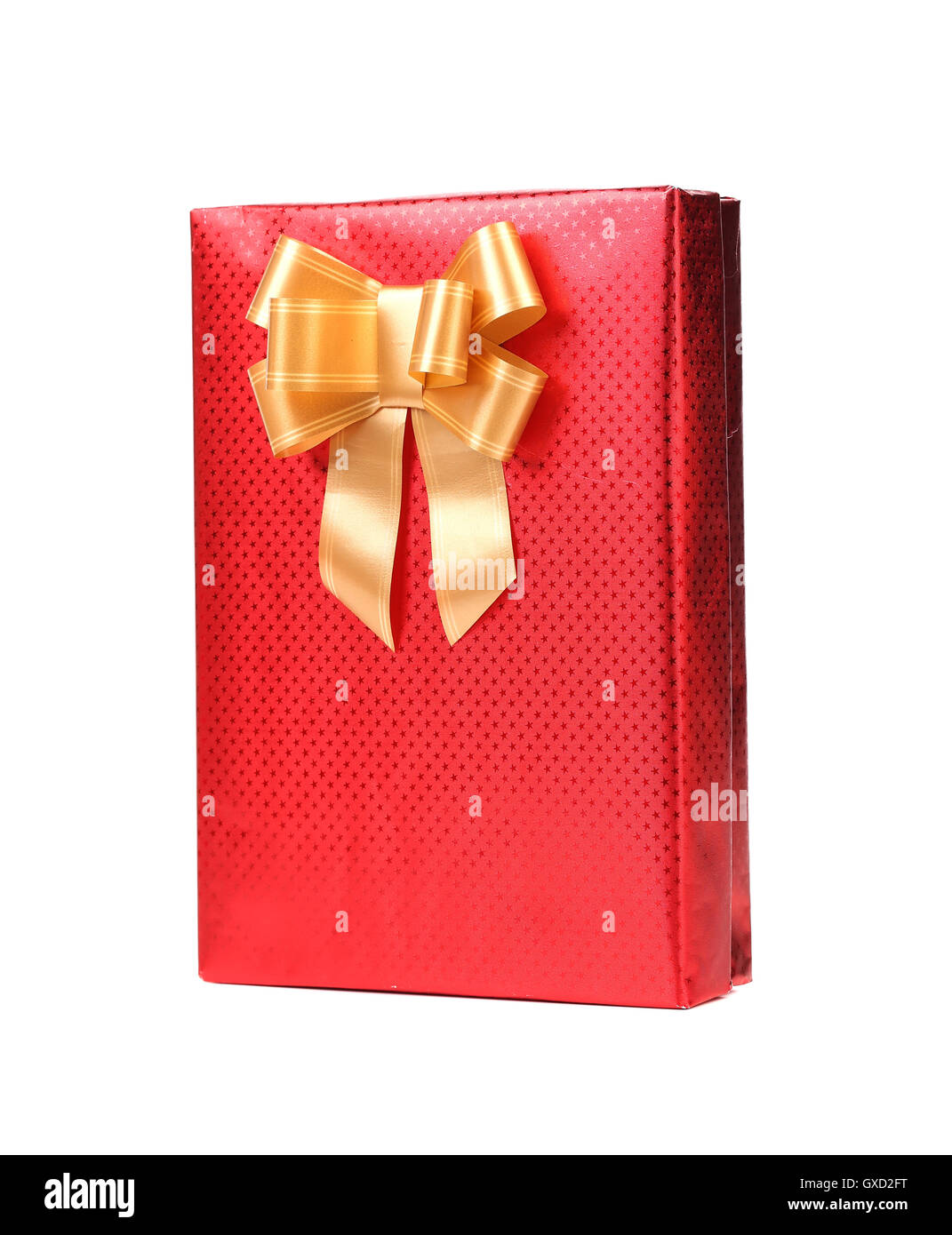 Red present box with spots and golden bow Stock Photo - Alamy