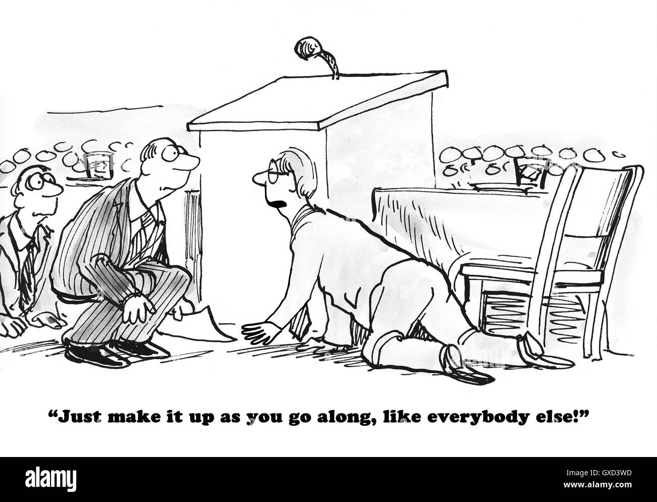 Cartoon businessman crouching behind podium Black and White Stock ...