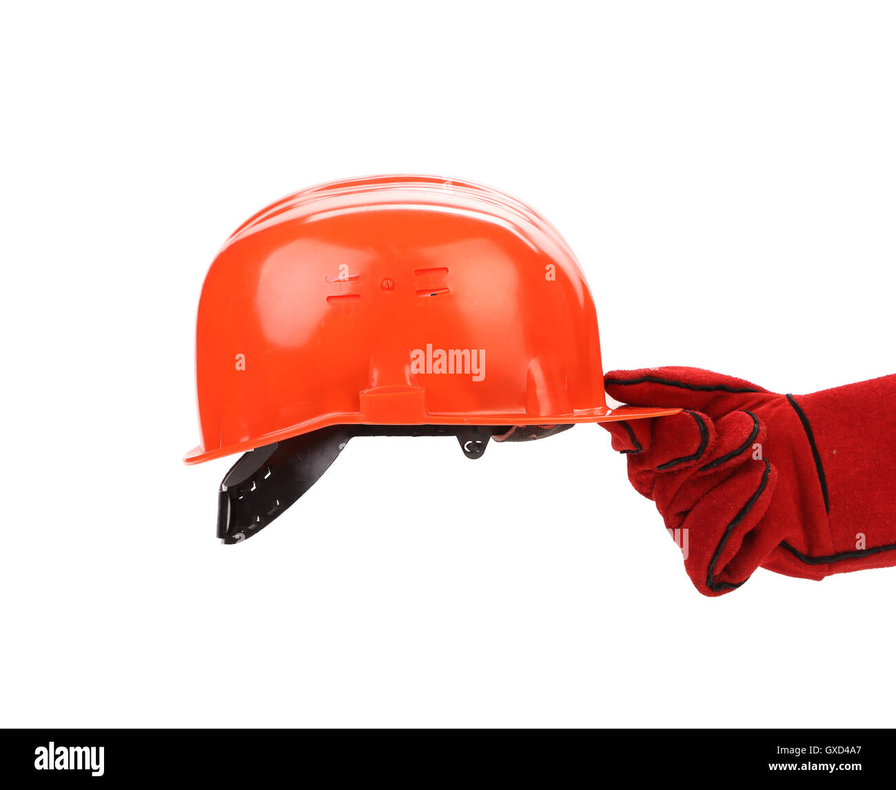 Hand in leather gloves holds hard hat Stock Photo - Alamy