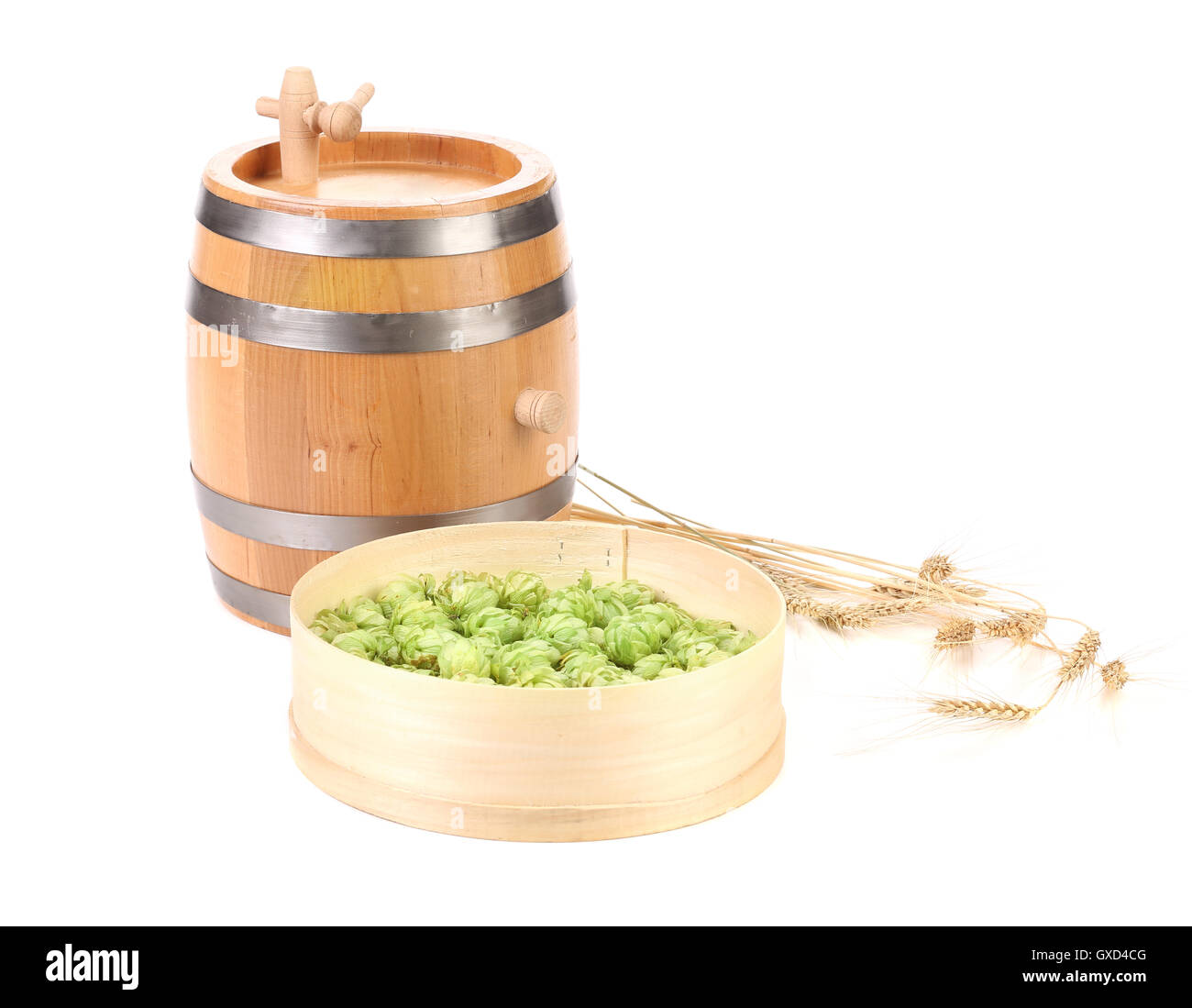 Barrel and sieve with hop Stock Photo - Alamy