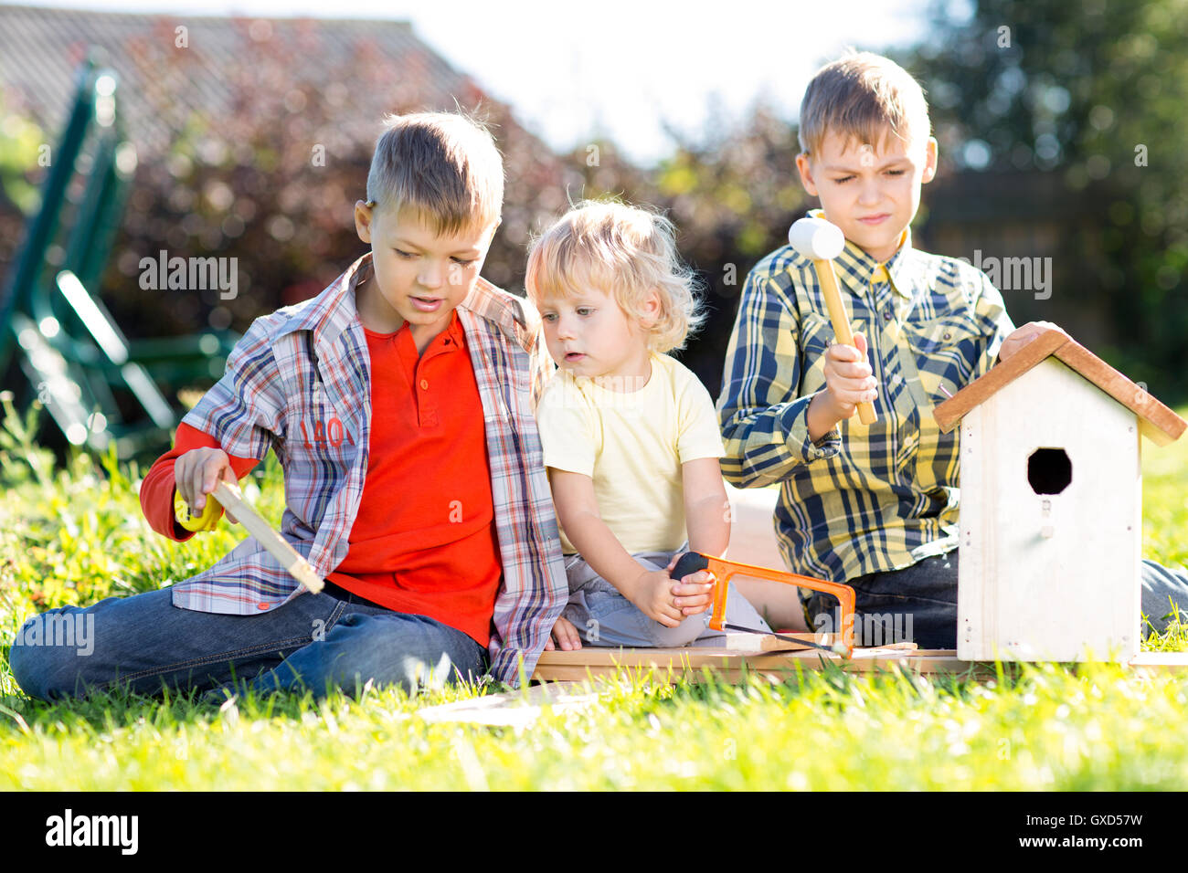 Kids brothers making nesting box together Stock Photo - Alamy