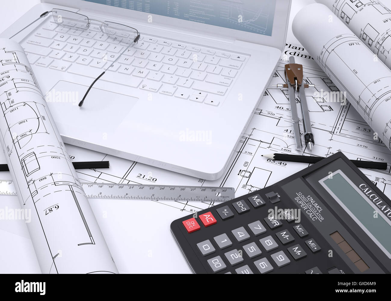 The book, calculator, paper and laptop Stock Photo - Alamy