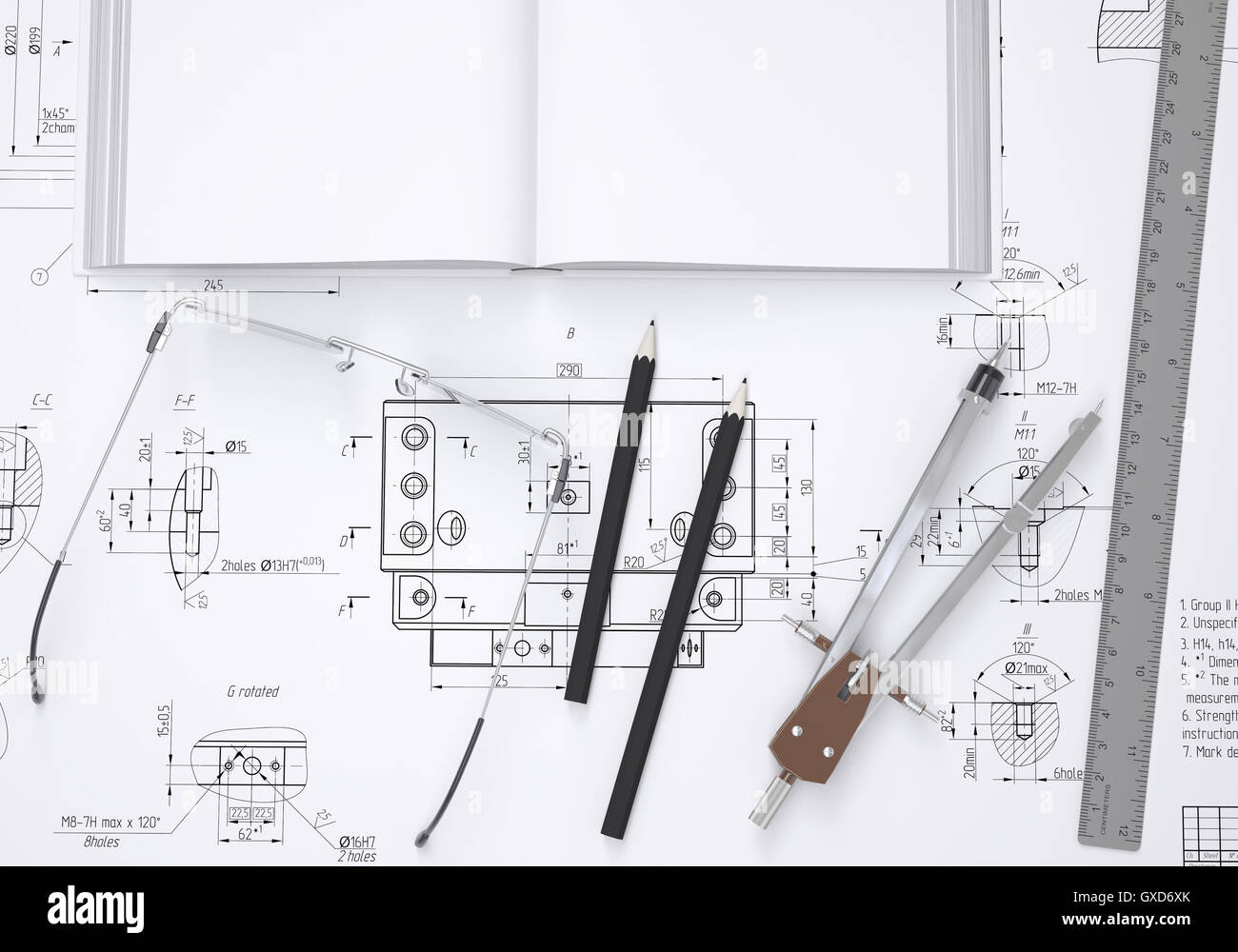 Book, glasses, ruler, compass and pencil Stock Photo - Alamy