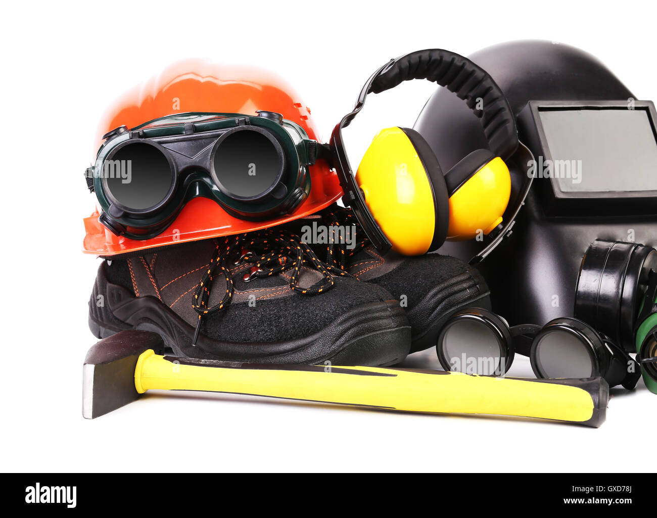 Hammer and protective gear for worker Stock Photo - Alamy