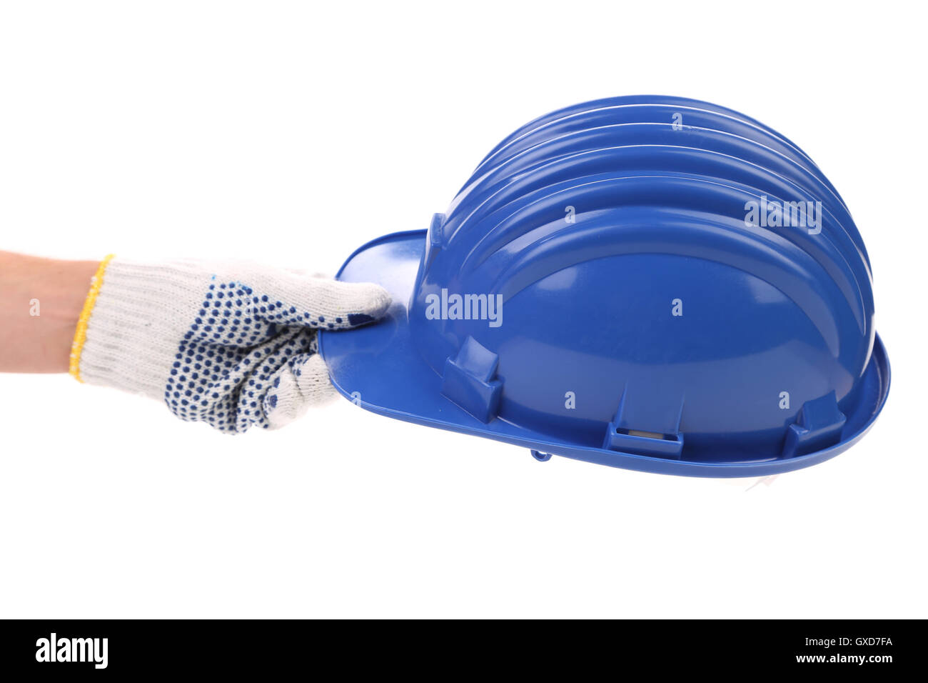 Hand holding blue hard hat Stock Photo - Alamy