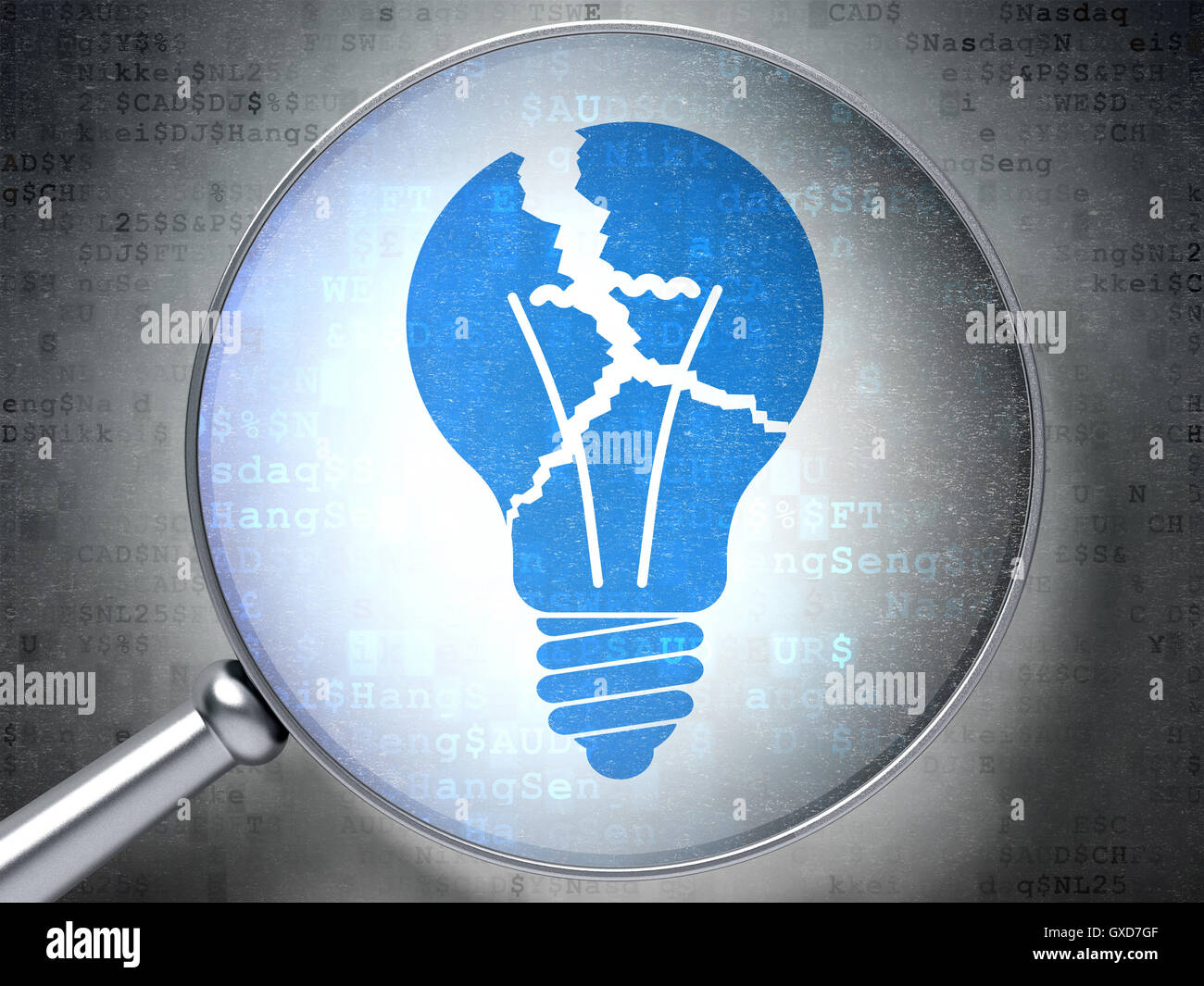 Finance concept: Light Bulb with optical glass on digital background ...