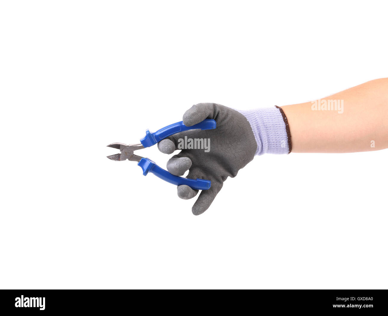 Hand in gloves holding pliers Stock Photo - Alamy