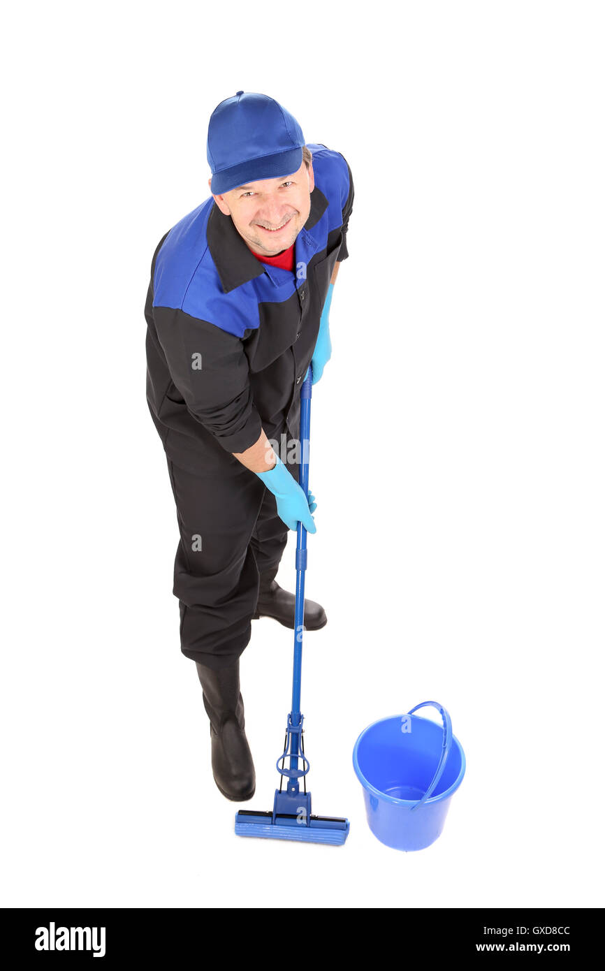 Man holding broom and bucket Stock Photo - Alamy