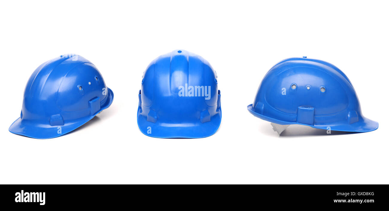 Collagr of blue hard hat isolated on white Stock Photo - Alamy