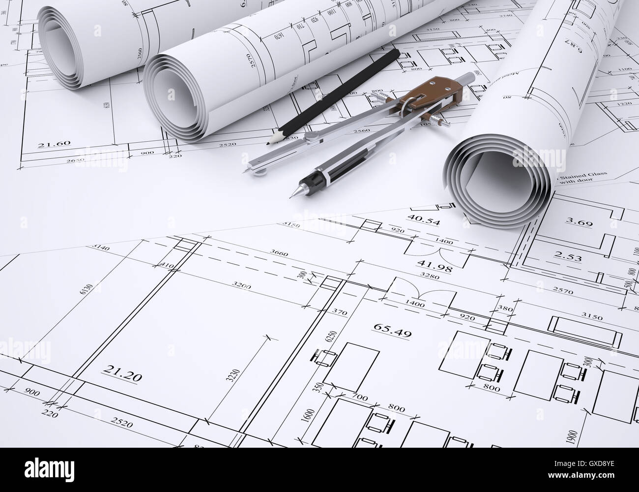 Compass, pencil and ruler lie on the drawing Stock Photo - Alamy