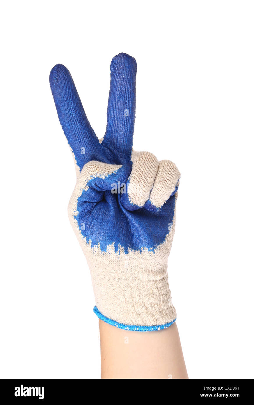 Hand shows two in a blue rubber glove Stock Photo - Alamy