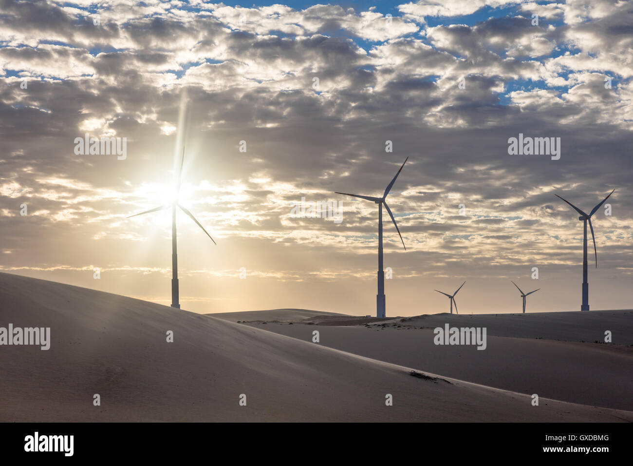 Wind turbines in desert landscape at sunset, Taiba, Ceara, Brazil Stock ...