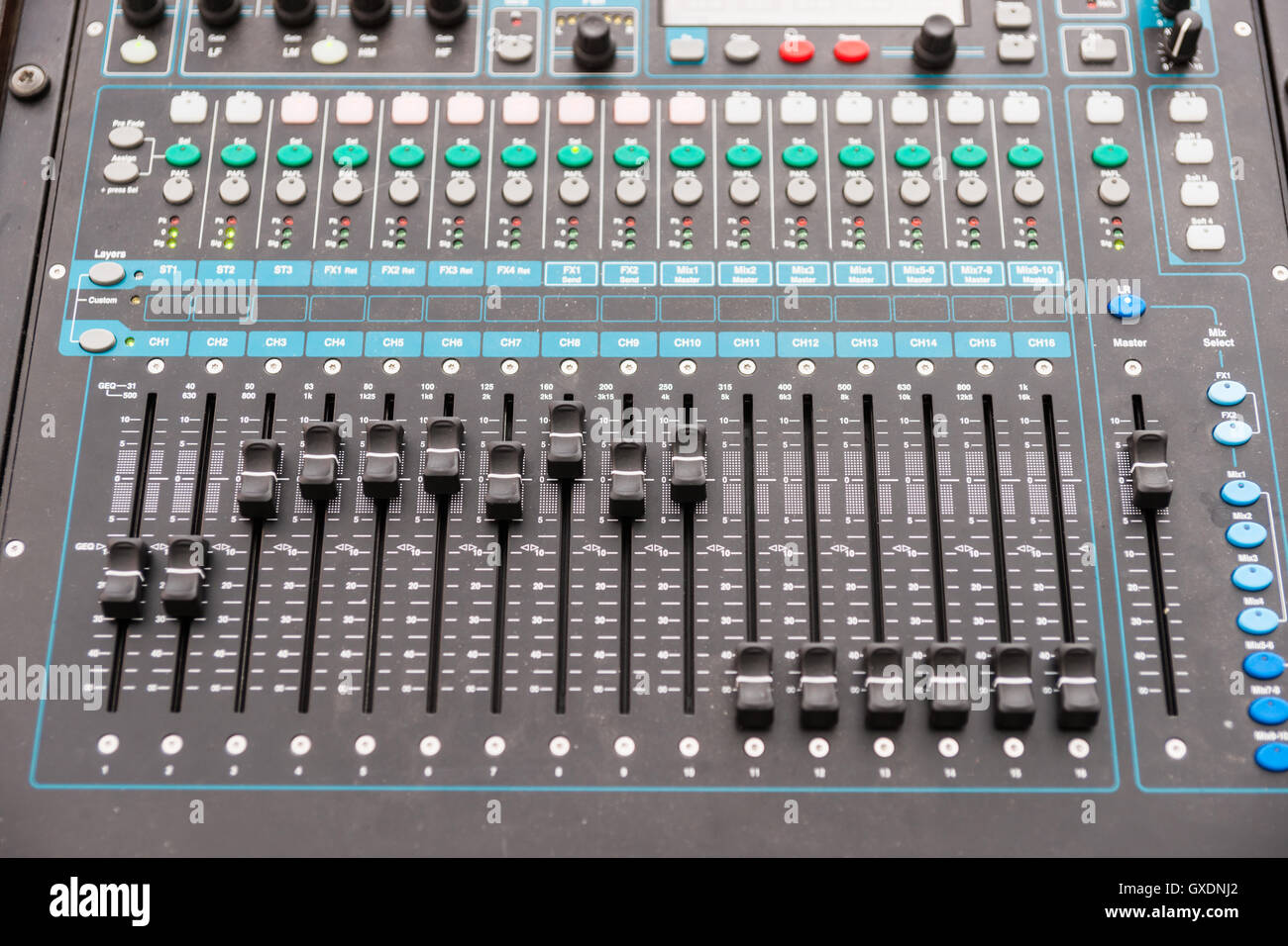 Audio control console or mixing desk. Closeup view, nobody around Stock ...