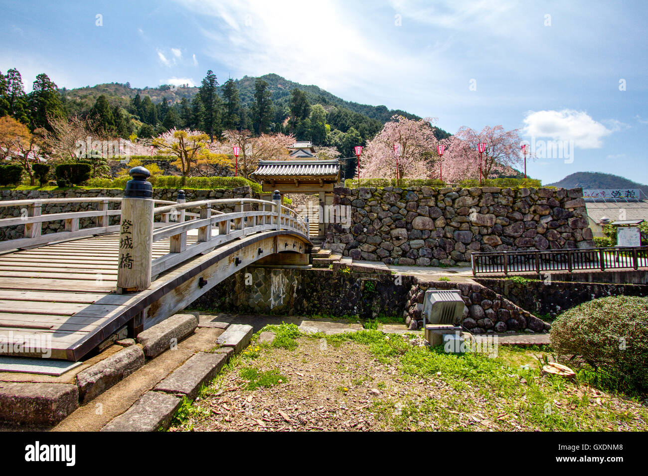 Japan, Izushi castle. Tojo wooden foot bridge over moat, castle ...