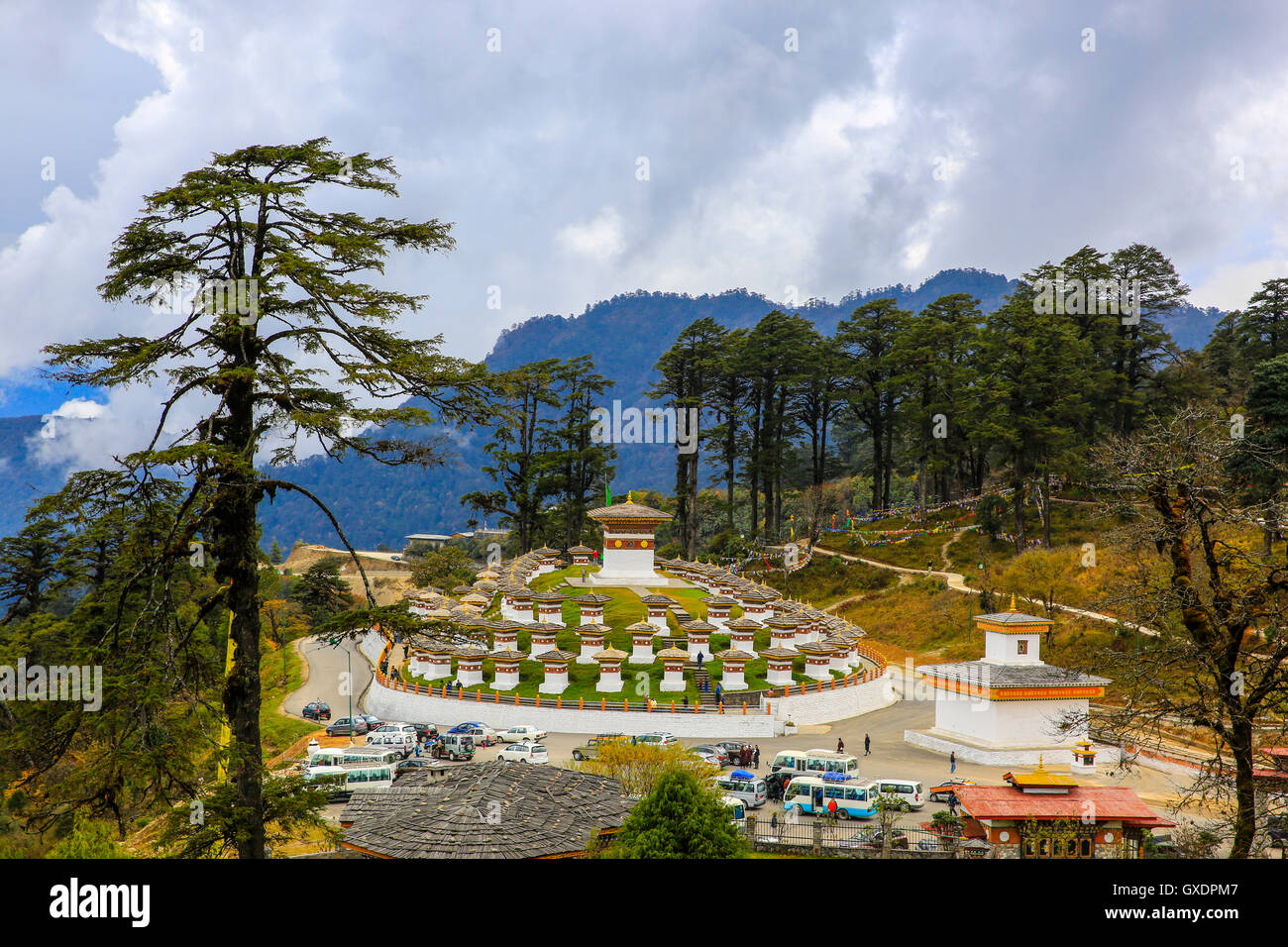 View of Dochula Pass, on the way from Thimphu to Punaka, overlooking ...