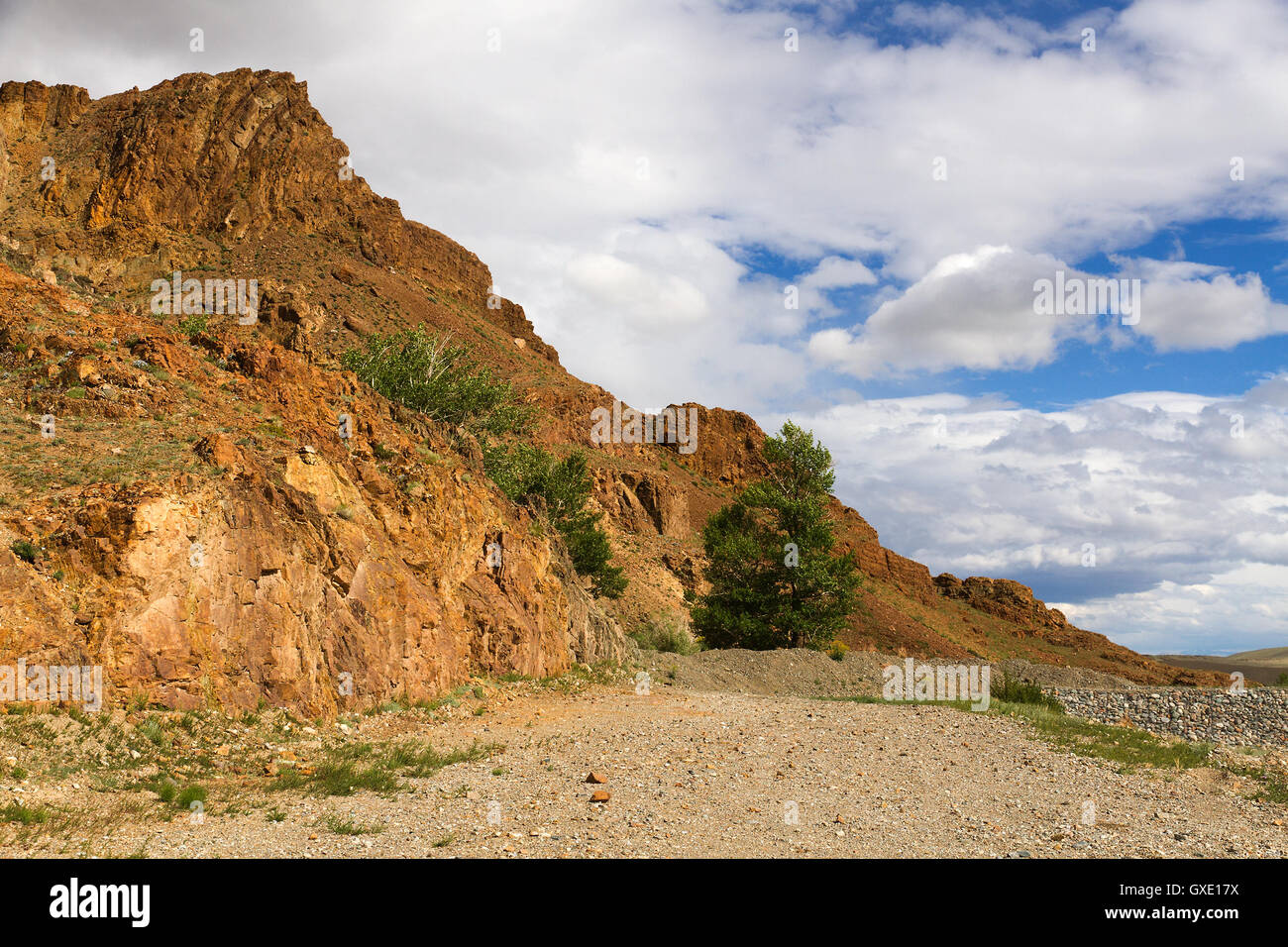 The rock of red stone at the Altai region (Russia) with trees, plants ...