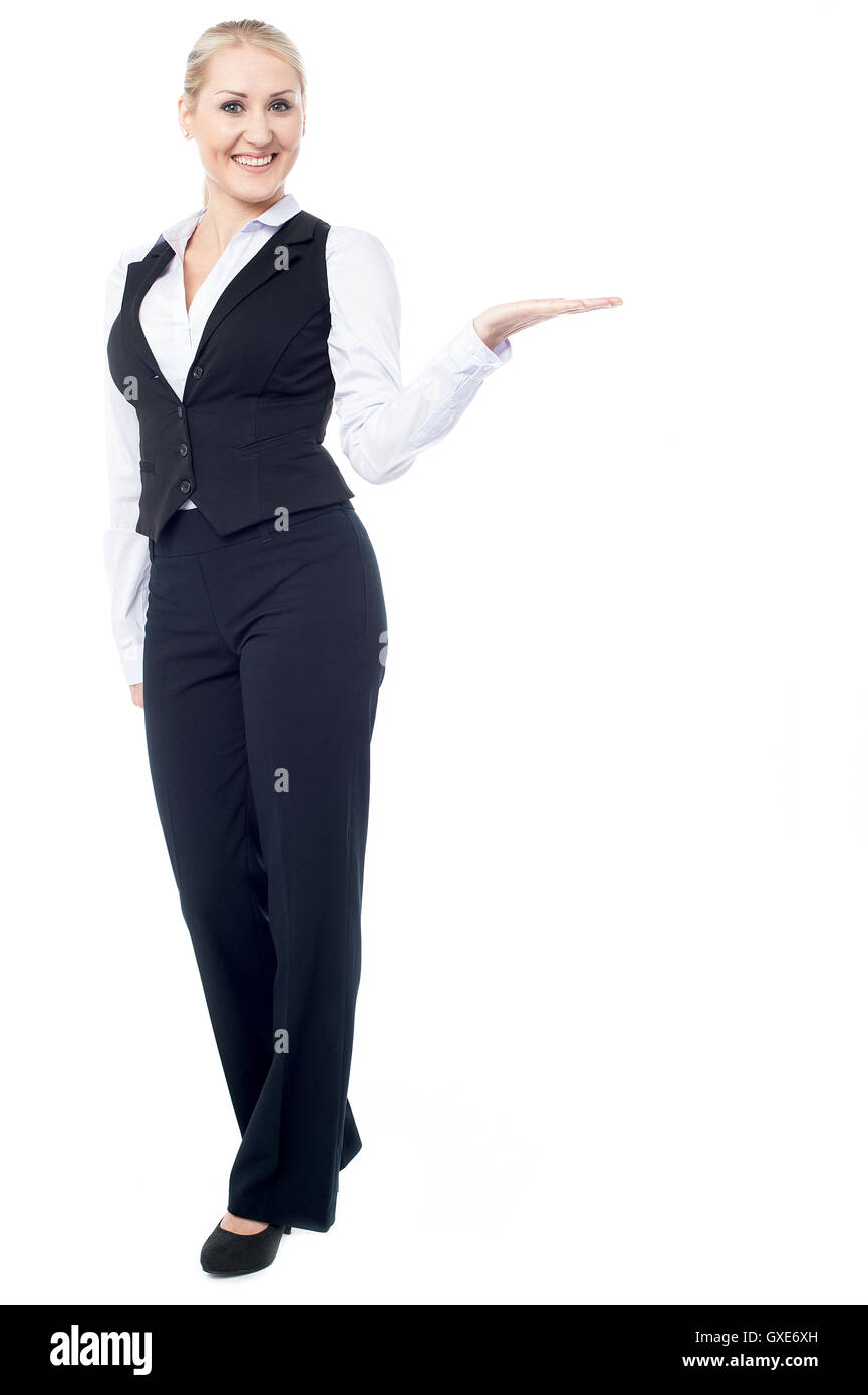 Corporate lady promoting business product Stock Photo - Alamy