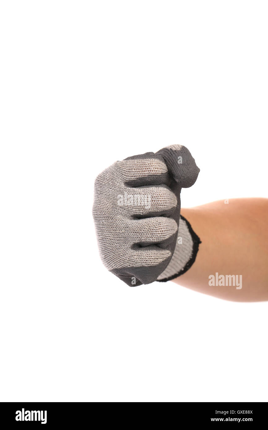 Strong male worker hand glove clenching fist Stock Photo - Alamy