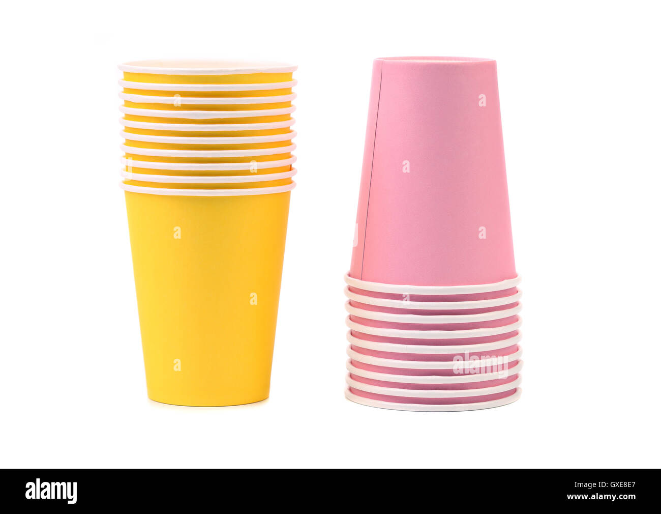 Two yellow and pink stacks of paper cups Stock Photo - Alamy