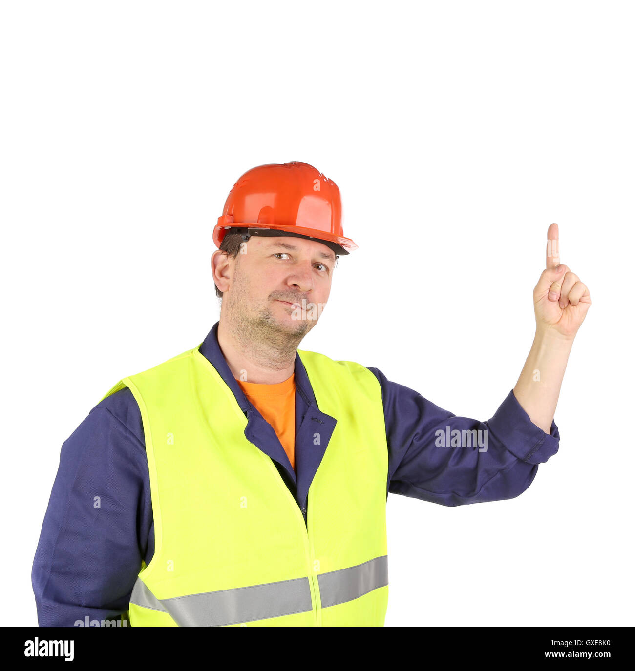 Worker in hard hat with hand up Stock Photo - Alamy