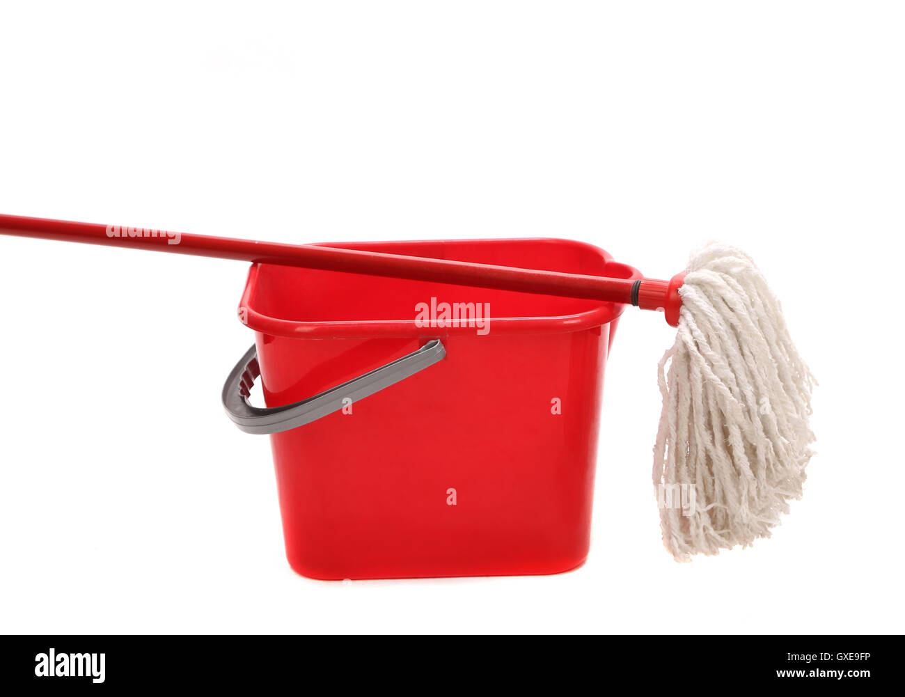 Red bucket with cleaning mop Stock Photo - Alamy