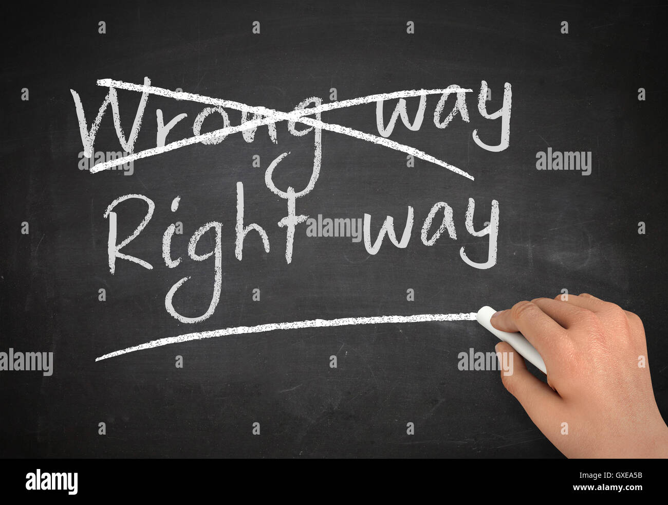 right way chalkboard write concept 3d illustration Stock Photo - Alamy
