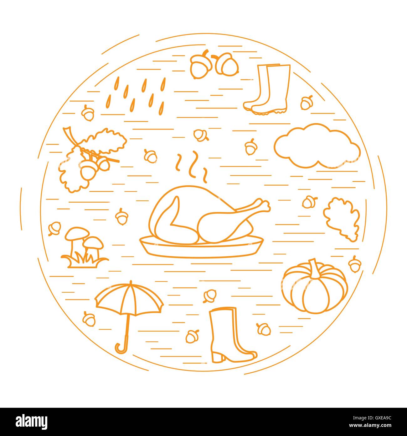 Autumn symbols in circle. Umbrella, acorns, turkey, rain, pumpkin and ...