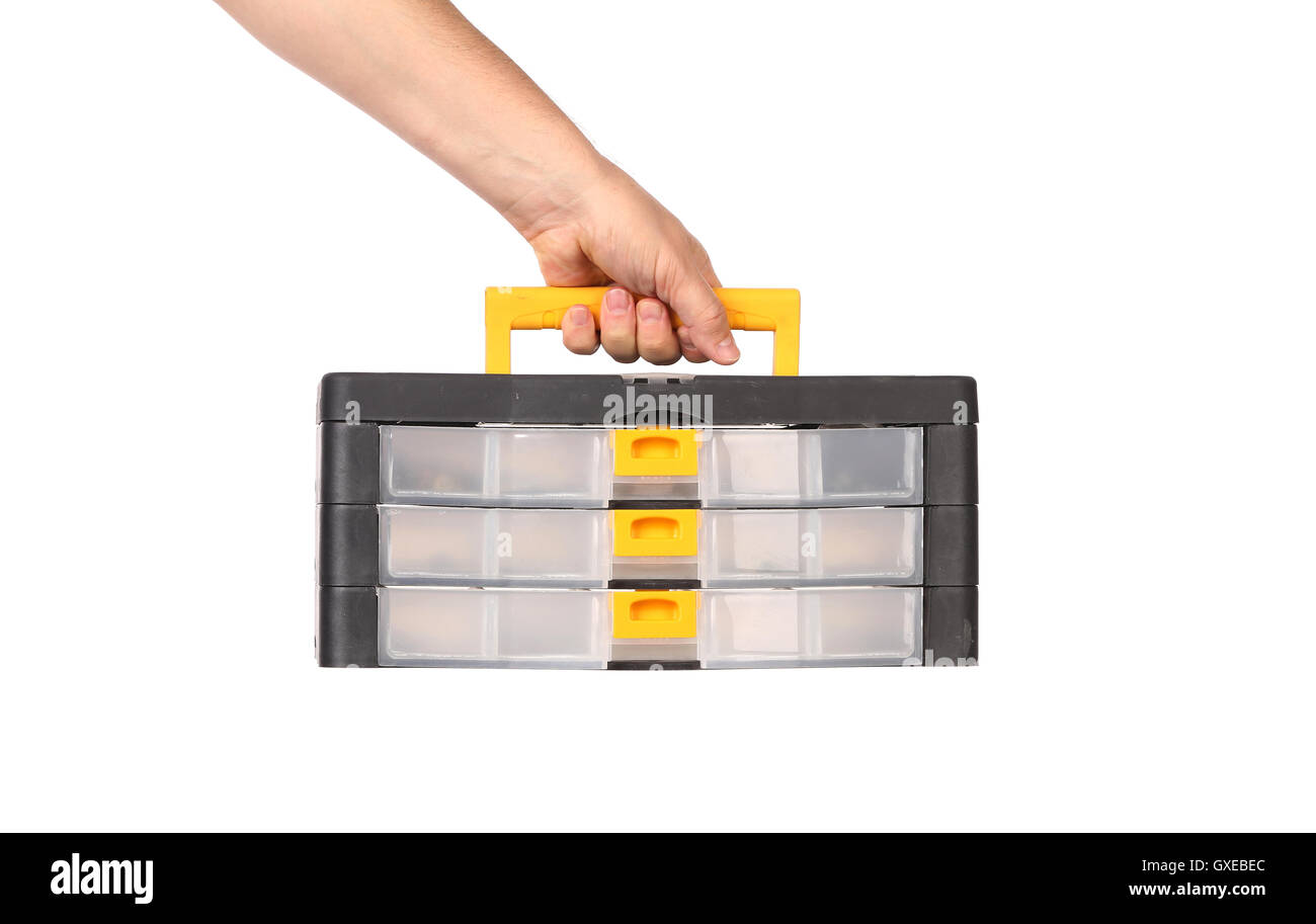 Handyman toolbox in hand Cut Out Stock Images & Pictures - Alamy