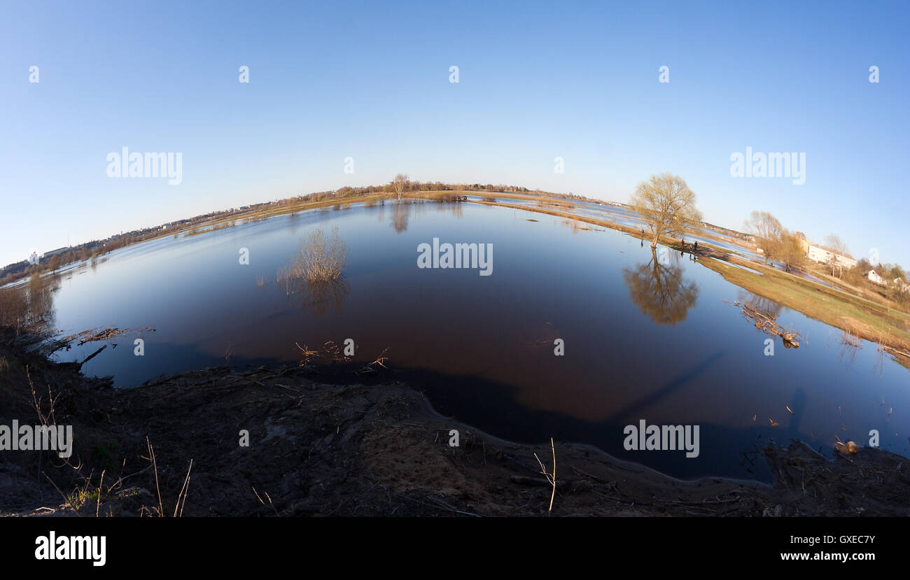 High water (flood, overflow) by a Spring time in the Klyazma river near ...