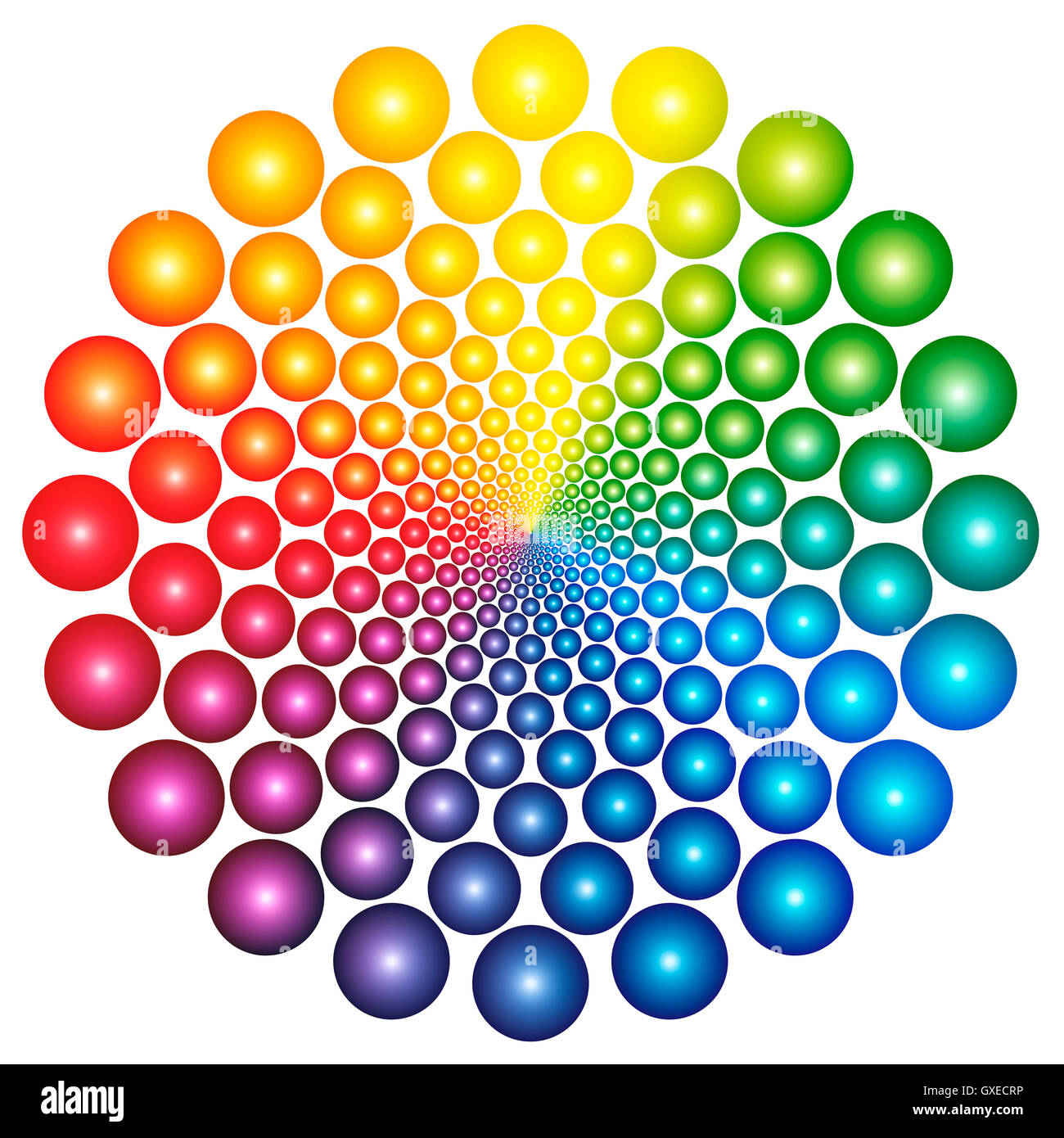 Rainbow colored balls approaching infinity towards the center Stock ...