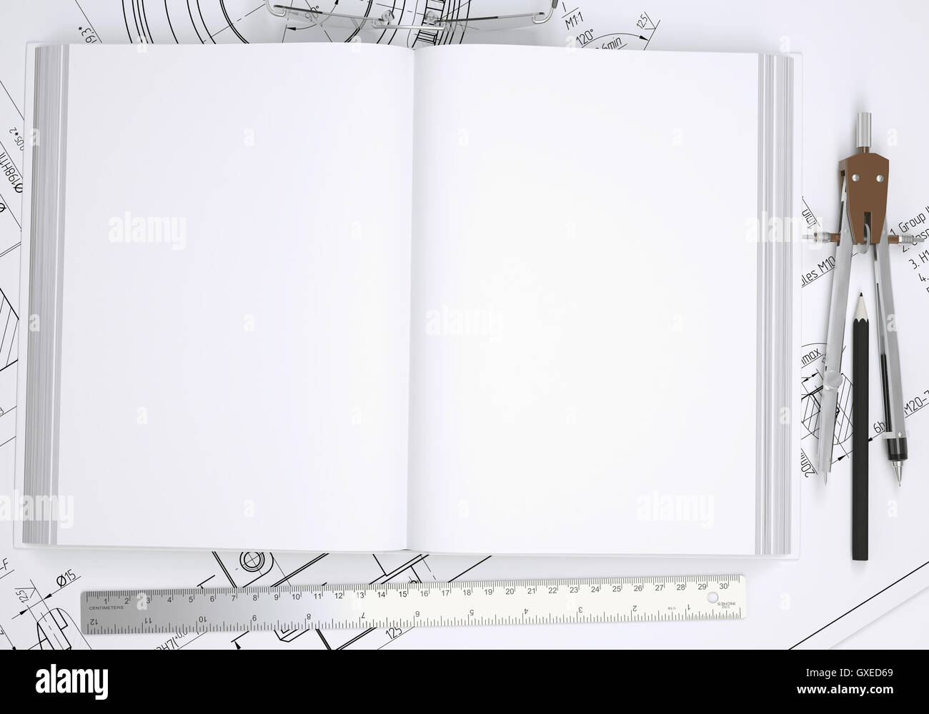 Book, glasses, ruler, compass and pencil Stock Photo - Alamy