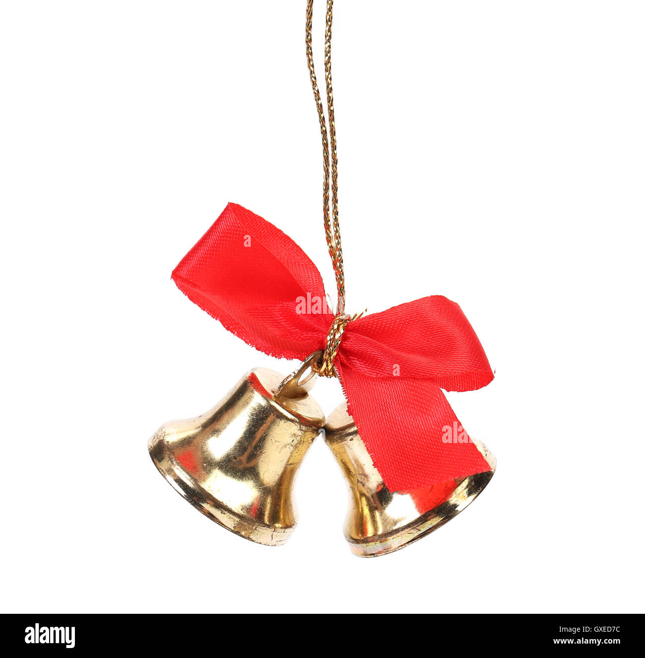 Two christmas bells with red ribbon Stock Photo - Alamy