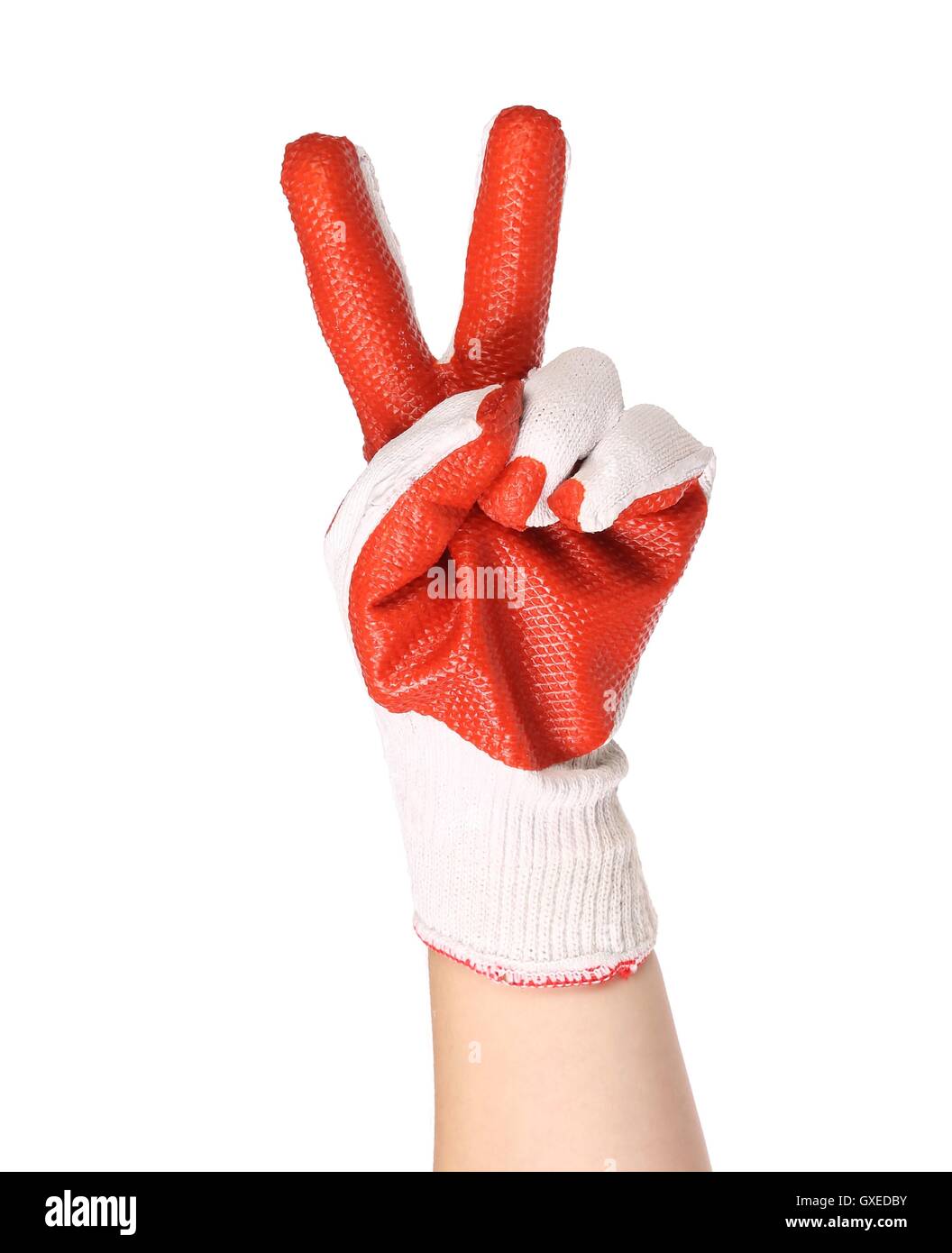 Hand shows two in a red rubber glove Stock Photo - Alamy