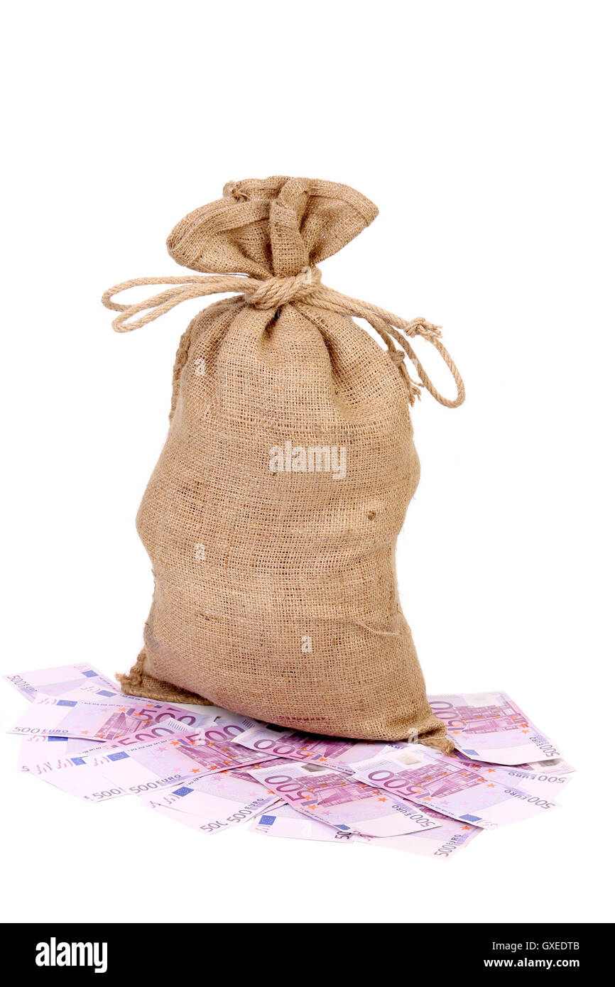 Tied up sack standing on five hundred euro Stock Photo - Alamy