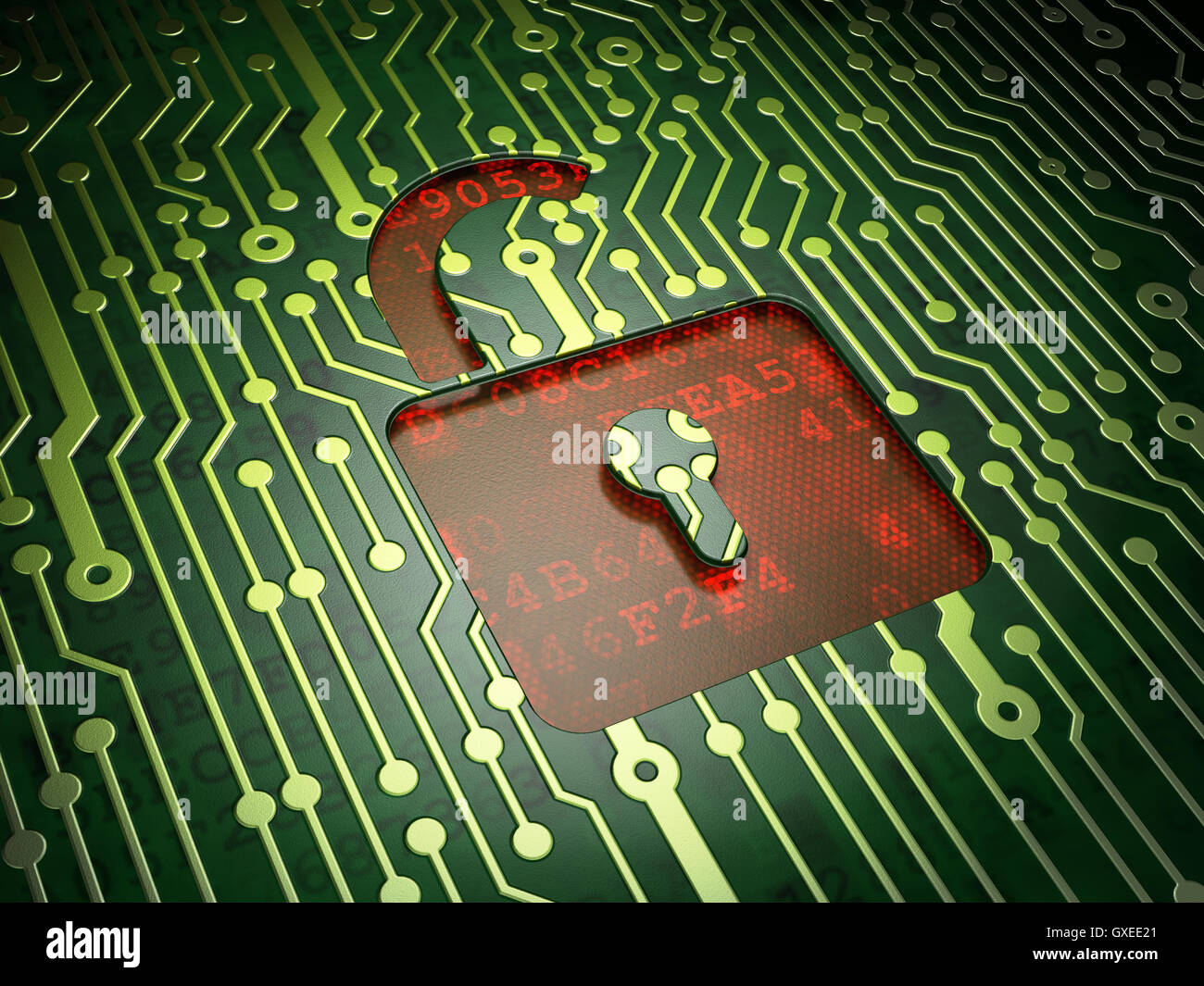 Information concept: Opened Padlock on circuit board background Stock Photo - Alamy