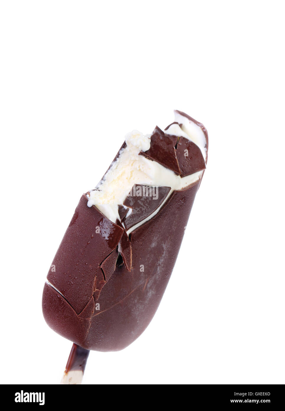 Bitten chocolate vanilla ice cream on stick Stock Photo - Alamy