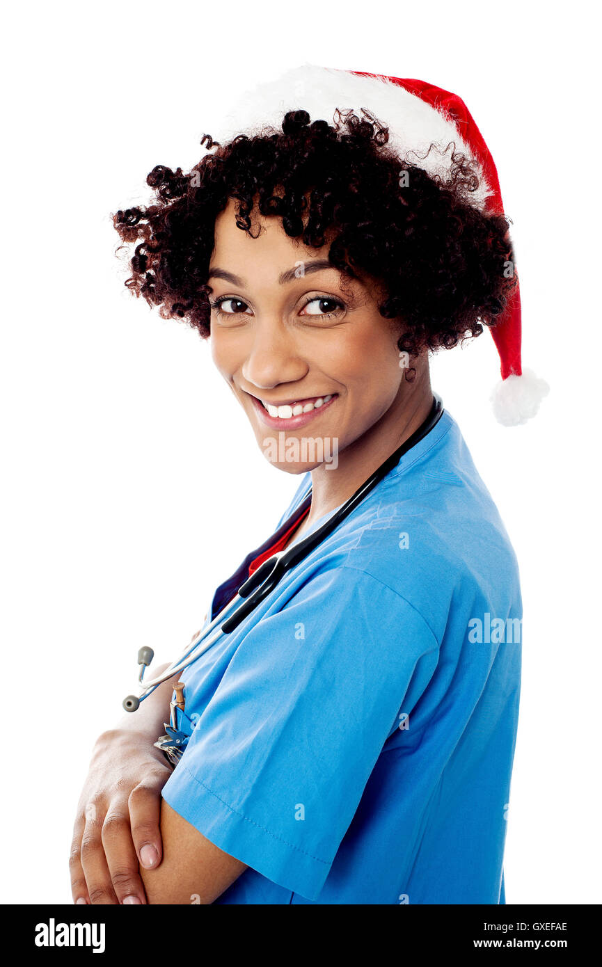 Lady doctor with santa cap Stock Photo - Alamy
