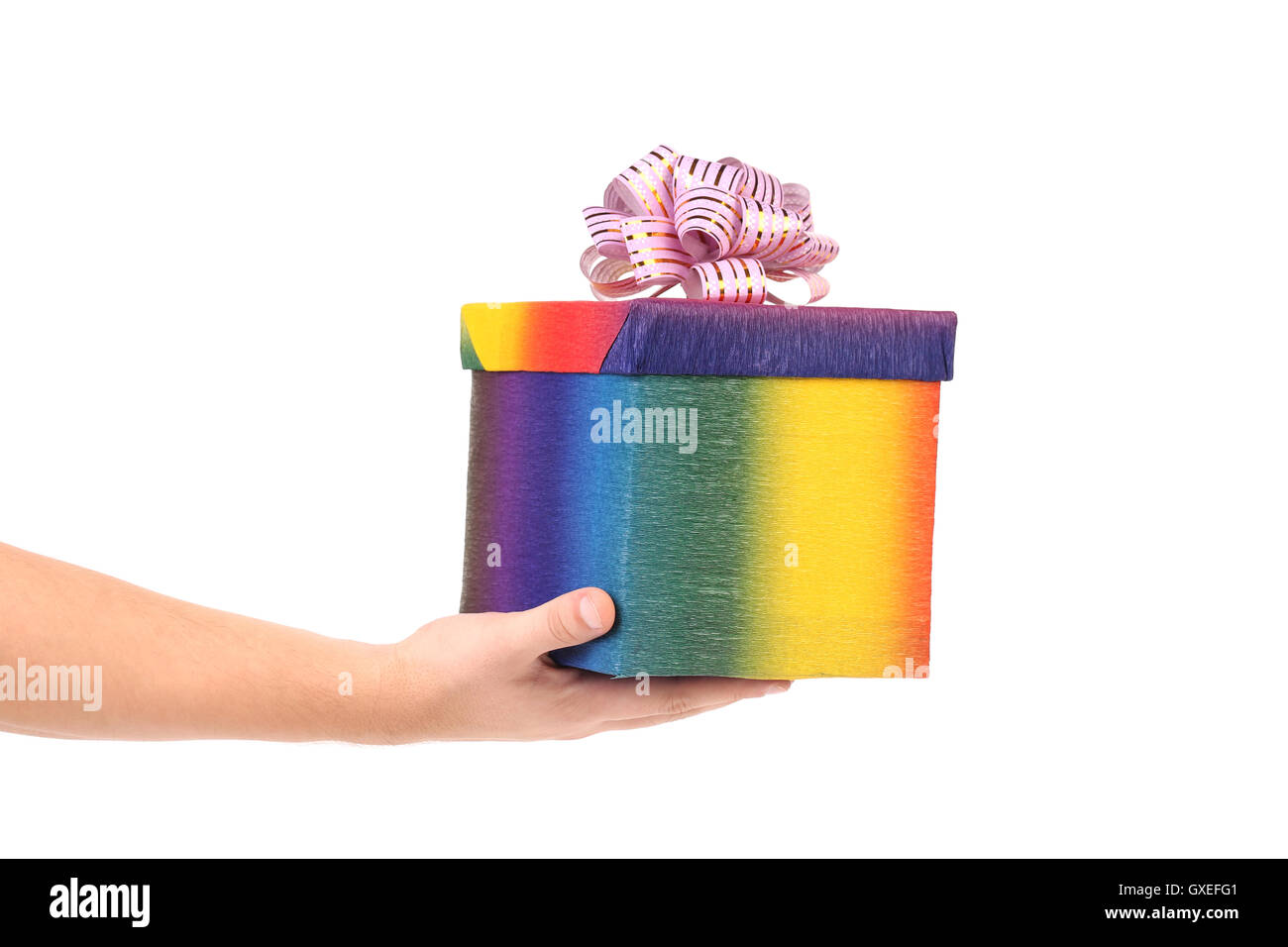 Colourful present box and pink bow Stock Photo - Alamy