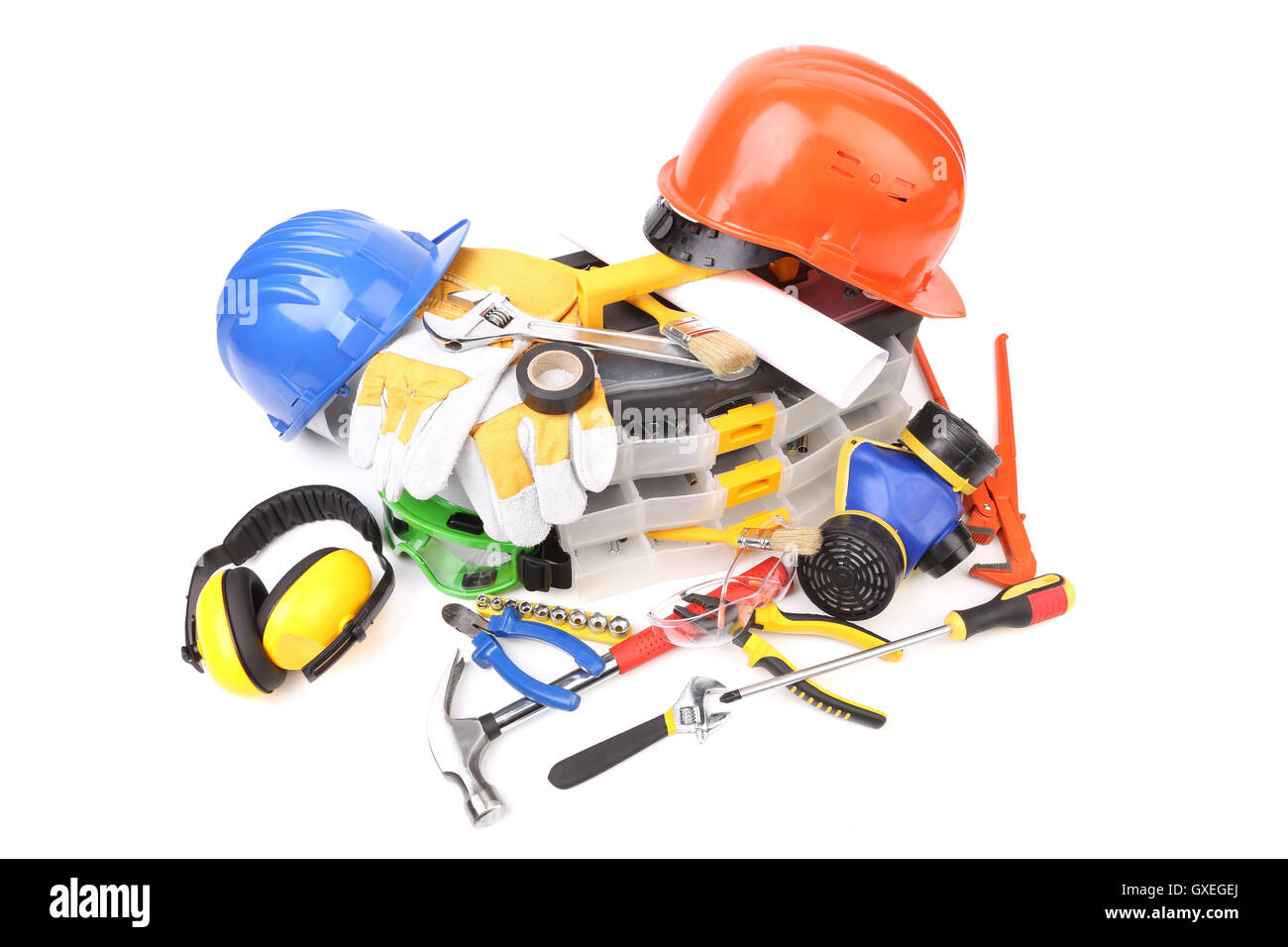 Plastic workbox with assorted tools Stock Photo - Alamy