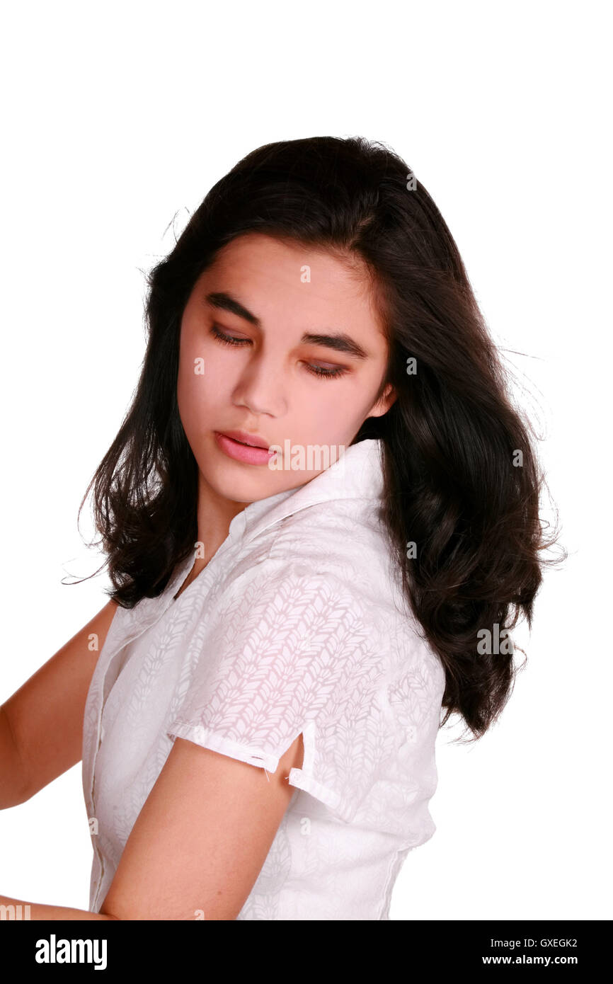 Beautiful teen girl eyes closed looking over shoulder Stock Photo - Alamy