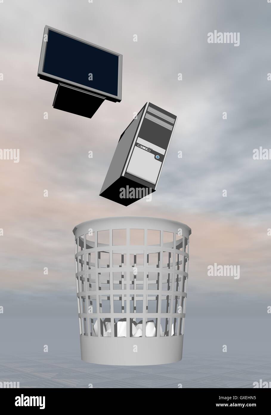 Computer to rubbish - 3D render Stock Photo - Alamy
