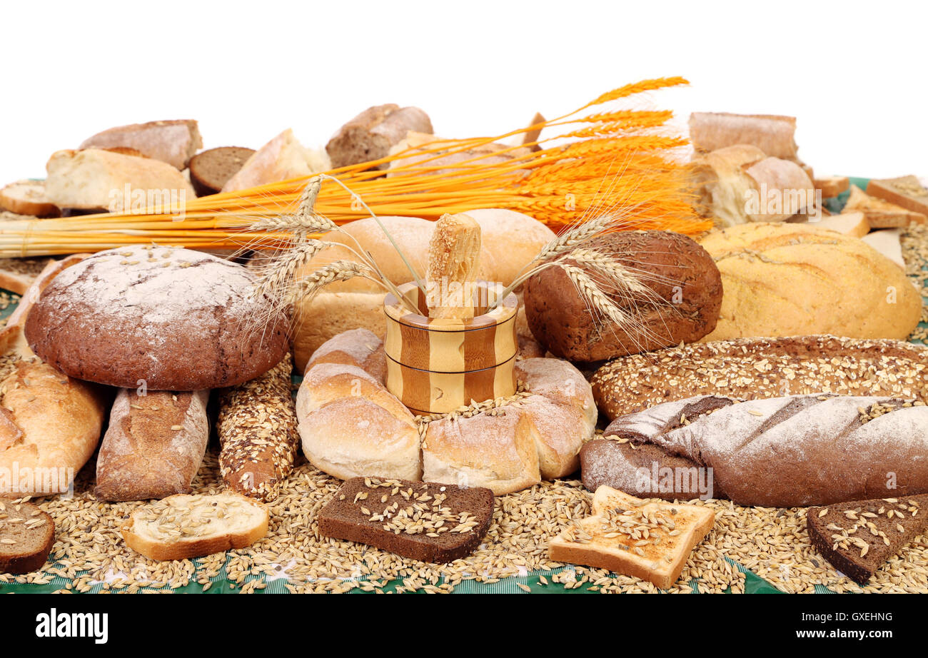 Composition of bread and golden ears Stock Photo - Alamy