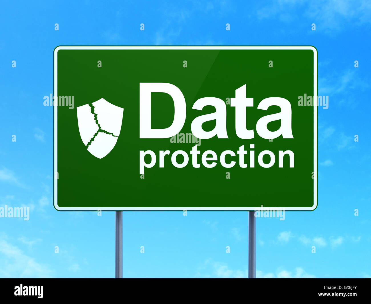 Security concept: Data Protection and Broken Shield on road sign ...